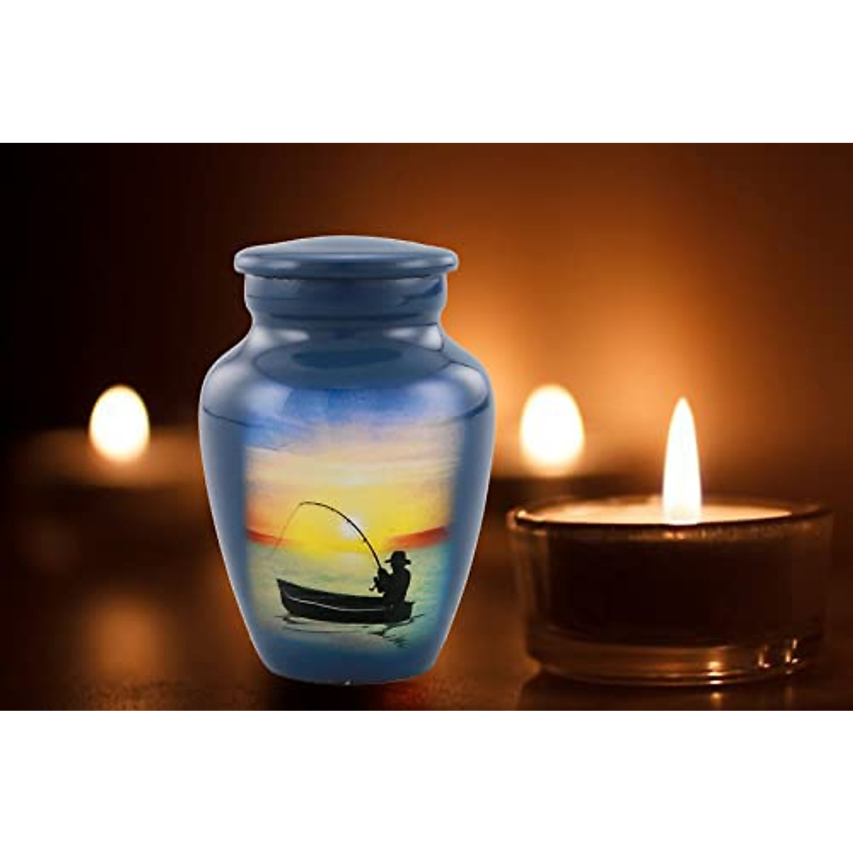 Immortal Memories Fishing Keepsake Urn - Keeksake Cremation for Ashes Token Hand Painted Mini Memorial Sharing with Velvet Case & Bag (Keepsake), Sky Blue