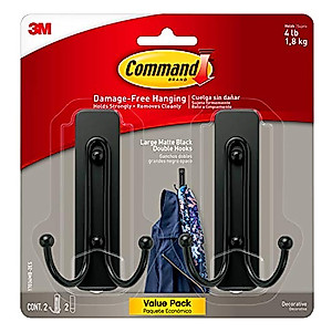 Command Large, Damage Free Hanging Wall Hooks with Adhesive Strips, No Tools Double Wall Hooks for Hanging Decorations in Living Spaces, 2 Black Plastic Hooks and 2 Command Strips