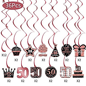 Pimvimcim 50th Birthday Hanging Swirls Decorations for Women, 36pcs Happy 50 Year Old Birthday Swirls Supplies, Rose Gold Fifty Birthday Party Hanging Swirl Décor
