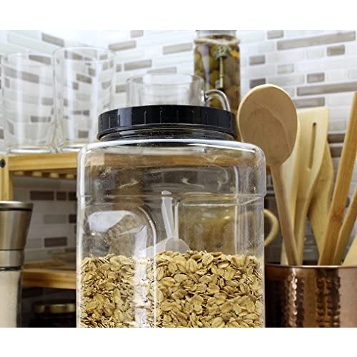 Cornucopia Square Gallon Size Clear Plastic Canisters (2-Pack); 4-Quart Jar Grip Containers w/ Plastic Scoops; BPA-Free