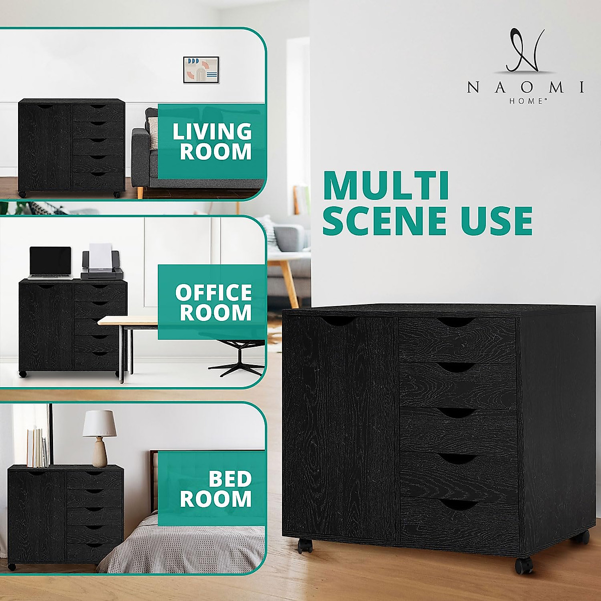 Naomi Home Amy 5 Drawer Chest, Wood Storage Dresser Cabinet with Wheels, Craft Storage Organization, Makeup Drawer Unit for Closet Bedroom Office File Cabinet 180 lbs Total Capacity - Distressed Black