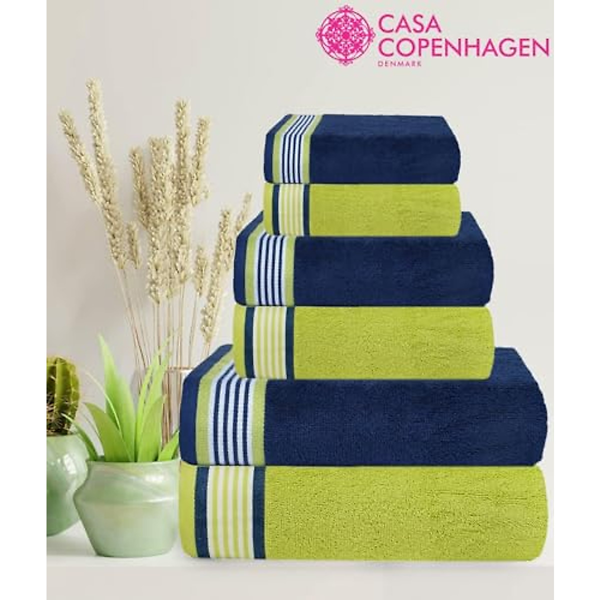CASA COPENHAGEN He & She 6 Pieces Towel Set- California Blue + Green, 550 GSM 2 Bath Towel 2 Hand Towel 2 Washcloth, Designed in Denmark Made of Soft Egyptian Cotton for Bathroom, Kitchen & Shower