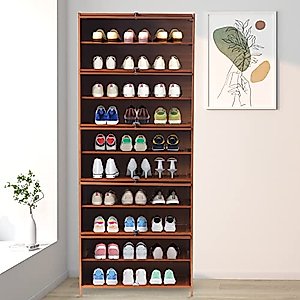 Hteedy 67 inch 10-Tier Bamboo Shoe Rack Cabinet Wooden Shelf Stand Storage Book Shelf Organizer Entryway Bamboo [Magnetic FLIP-UP Door] 30 Pair Shoe Storage Cabinet