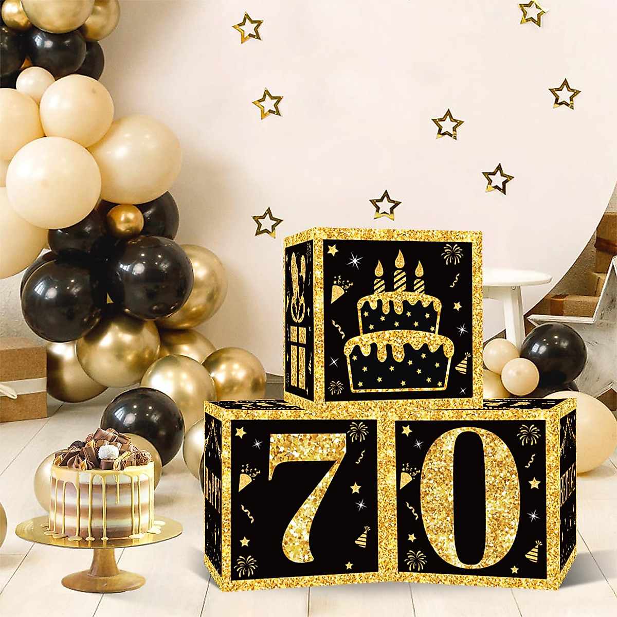70th Birthday Decorations Boxes for Men- 3PCS Black Gold Happy 70th Birthday Balloons Boxes, 70 Year Old Party Supplies for Men Women