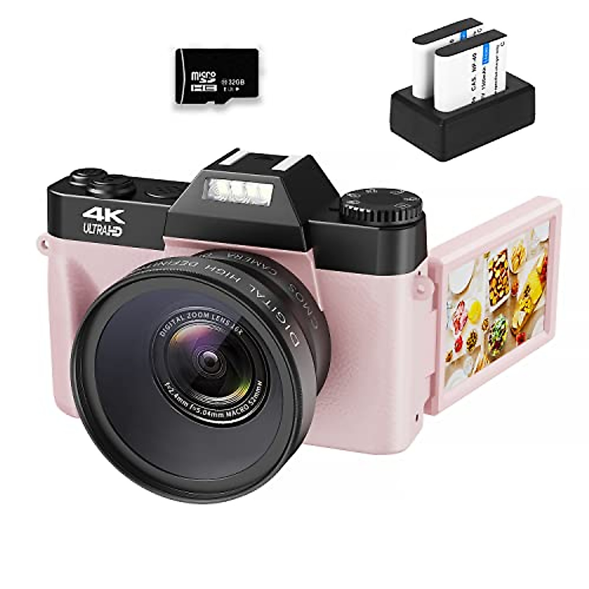 VJIANGER 4K Vlogging Camera for YouTube 48MP Digital Camera for Photography and Video with Flip Screen, Manualfocus, 16X Digital Zoom, 52mm Wide Angle & MacroLens, 32GB TF Card, 2 Batteries(Pink)