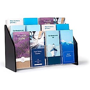Tiered Leaflet Holder with 12 Pockets for 4x9 Brochures, Clear Plexiglas Brochure Rack for Tabletop Use with Black Acrylic Sides