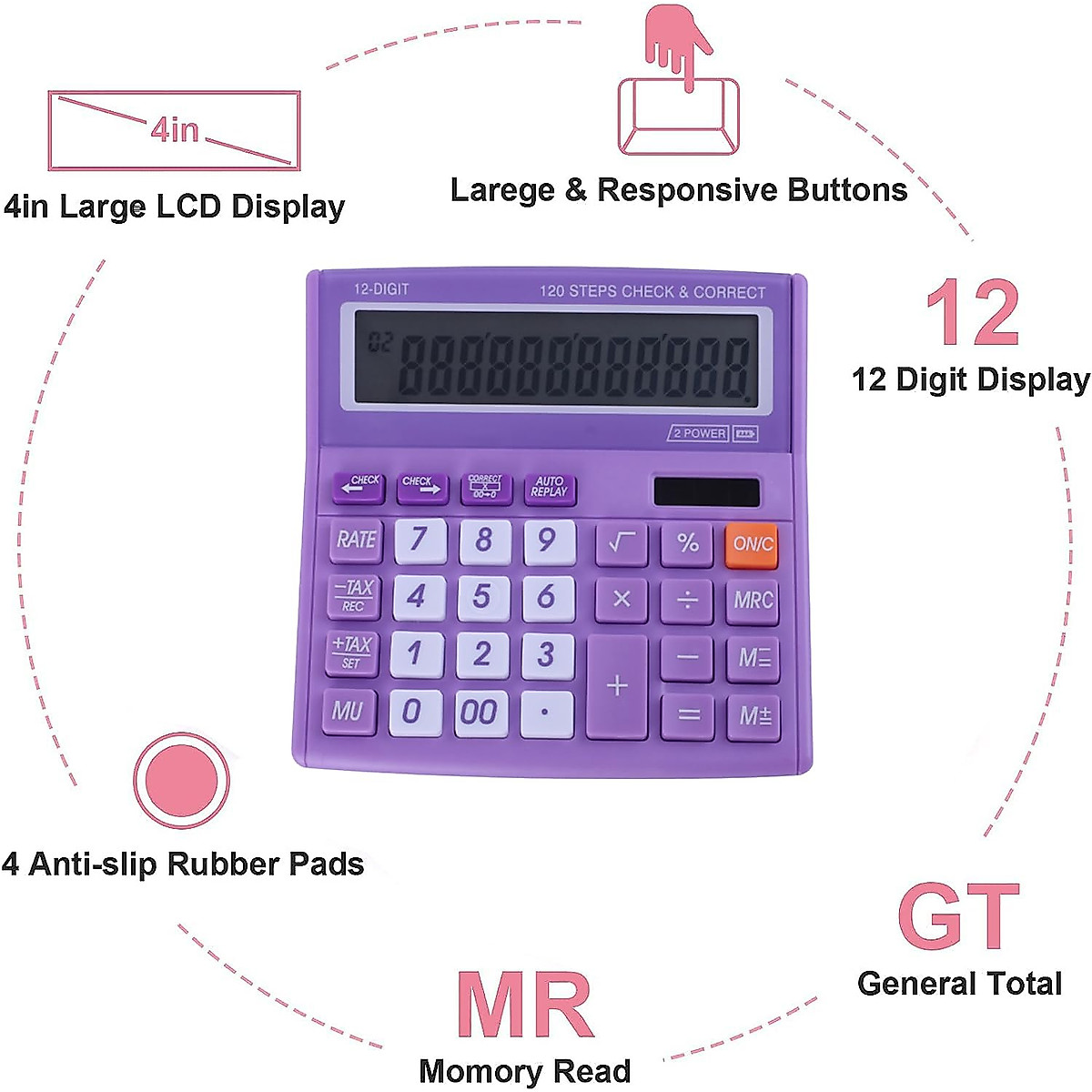 Desktop Calculator Basic Office Desk Calculator 12 Digit with Solar Power and Easy to Read LCD Display, Big Buttons, for Home, Office, School, Class and Business, with Battery - Purple