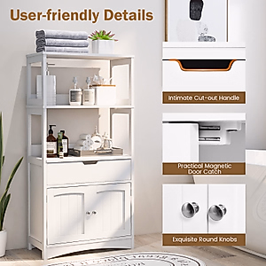 GLACER Large Bathroom Floor Cabinet, Freestanding Multipurpose Storage Cabinet with Drawer, 2 Open Shelves and Door Cupboard for Bathroom, Kitchen or Living Room, 24 x 13 x 48 inches (White)