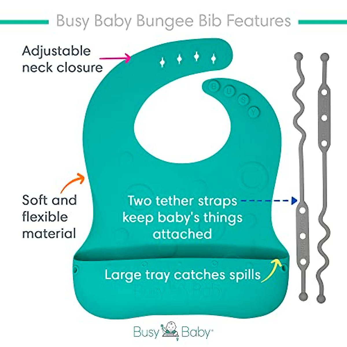 BUSY BABY Bungee Bib | Silicone Bib for Babies & Toddlers with Tethers | Attach Utensils and Keep Them Off The Floor | Dishwasher Safe, BPA Free (Spearmint)
