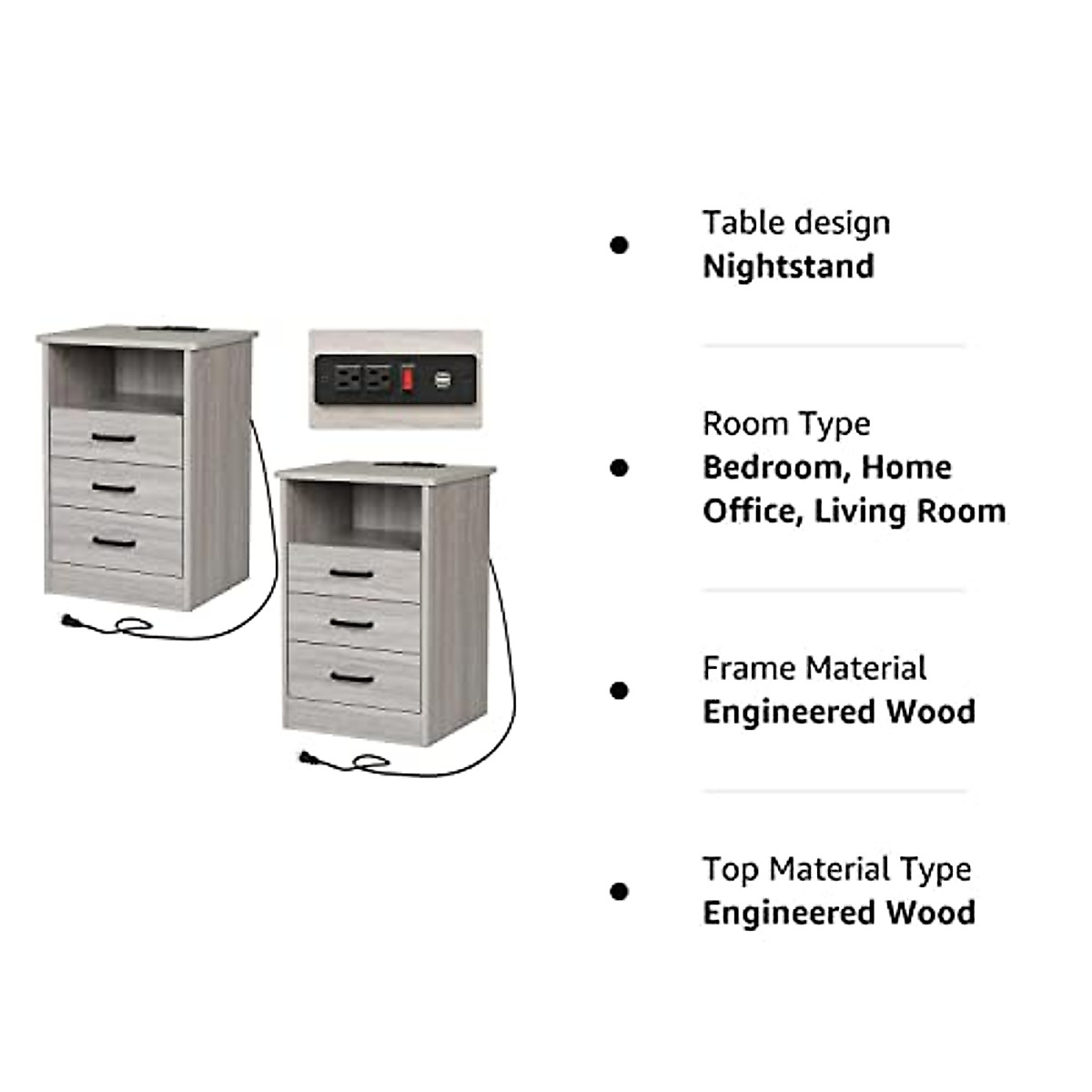 Tiptiper Nightstand Set of 2 with Charging Station,Grey Night Stands for Bedroom,Bedside Table with Drawers & USB Ports, 13.8D x 15.8W x 23.6H in