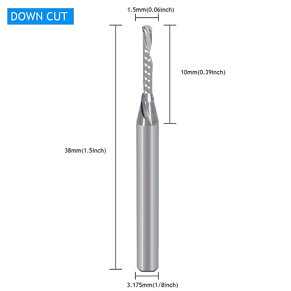 1/8 Inch Down Cut Single Flute (O Flute) Spiral End Mill CNC Router Bits ,with 1/16 Inch Cutting Dia，25/64 Inch Cutting Length for Acrylic PVC MDF Wood Pack of 5 (3.175*1.5*10mm)