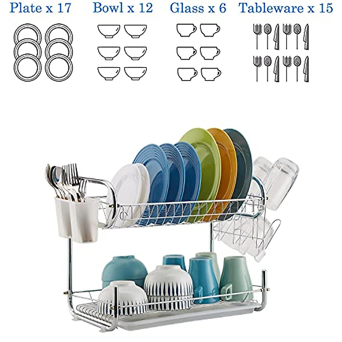 Naturous Dish Drying Rack 2 Tier, Kitchen Dish Rack with Drainboard
