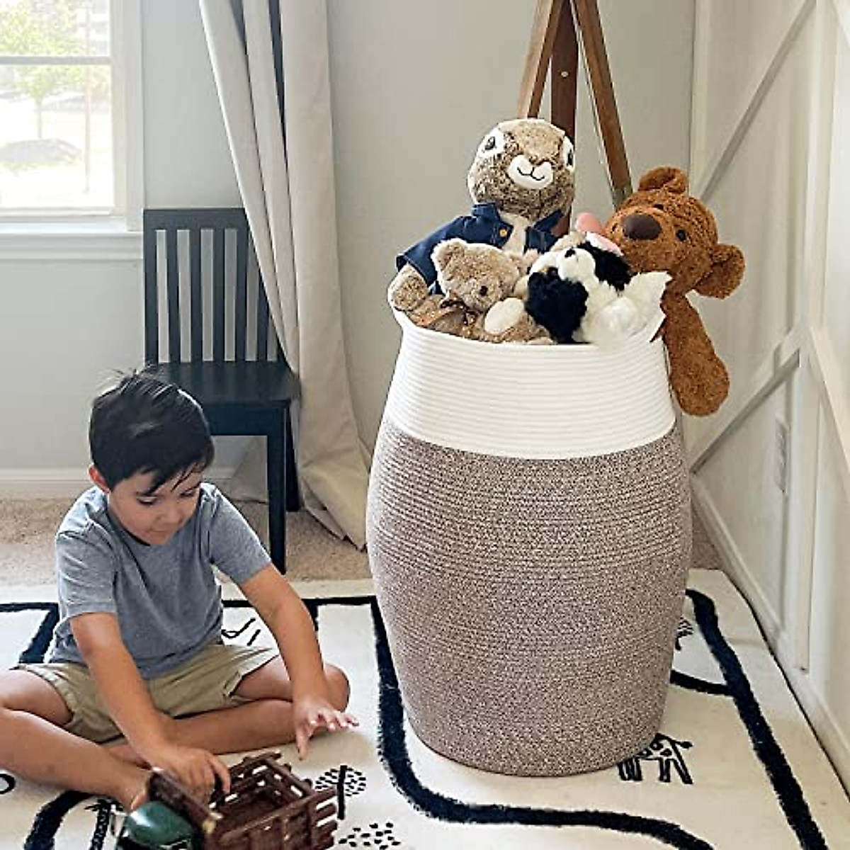 Goodpick Tall Laundry Hamper | Woven Jute Rope Dirty Clothes Hamper Modern Hamper Basket Large in Laundry Room, (White & Brown, 25.6 x 17.71 Inch)