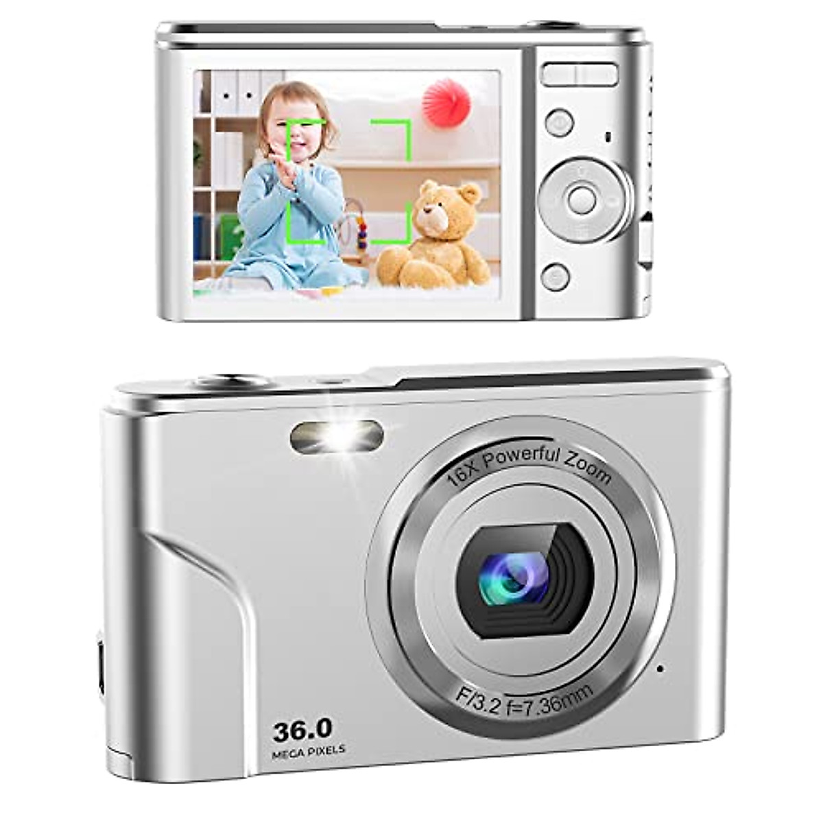 TOBERTO HD 1080P Digital Camera, 36MP 16X Digital Zoom Vlogging Mini Camera with LCD, Digital Point and Shoot Camera Video Camera, for Kids Students Beginners Beauty Face (Silver)