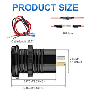 12V USB Outlet Wire Aluminum Car Charger Multi Port, Dual USB Quick Charge 3.0 Port and PD USB C Socket with Voltmeter Switch for Car Boat Marine Truck RV, Fast Charge for iPhone iPad Android Phones