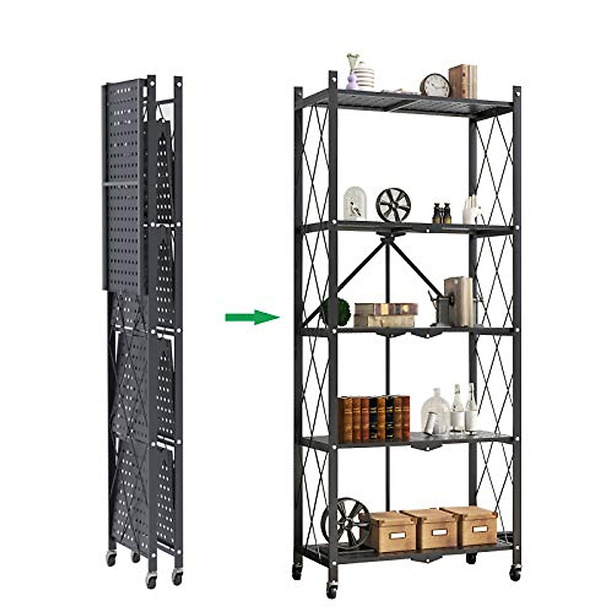 SogesPower 5 Shelf Storage Rack Foldable Metal Shelves Units with Rolling Wheels Freestanding Book Shelf No Assembly Display Organizer for Kitchen Garage Pantry, Black SPCXYM-R5-B