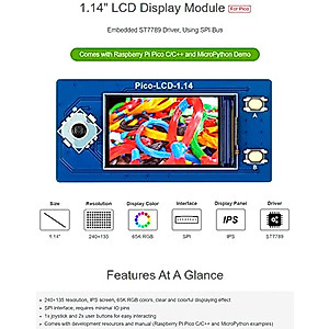 waveshare for Raspberry Pi Pico, 1.14" LCD Display Module, 240×135 Pixels IPS Screen 65K RGB Colors, ST7789 Driver 4-Wire SPI Interface with Buttons for Easy Interacting