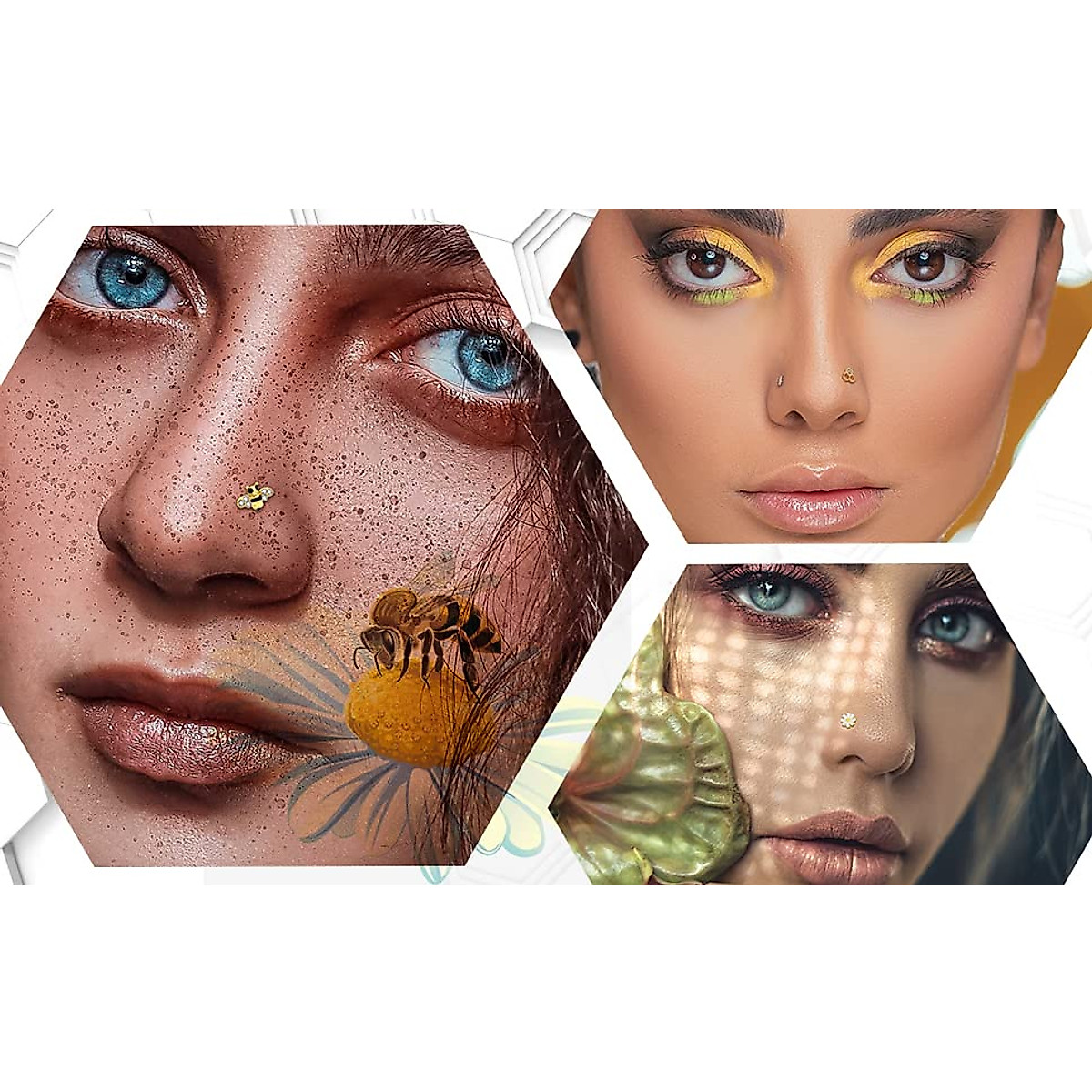 Jewseen 3PCS Nose Rings 20G Gold Nose Stud Surgical Steel Nose Piercing Jewelry Bee Nostril Piercing Jewelry L-Shaped Nose Piercings for Women Men