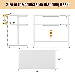 AITERMINAL Glass Standing Desk with Drawer, Electric Height Adjustable Home Office Desk with Storage & USB Ports, 45 x 23 Inch Tempered Glass Tabletop (White)