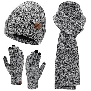 Womens Winter Warm Knit Beanie Hat Touchscreen Gloves Long Neck Scarf Set with Fleece Lined Skull Caps Gifts for Women Men Black