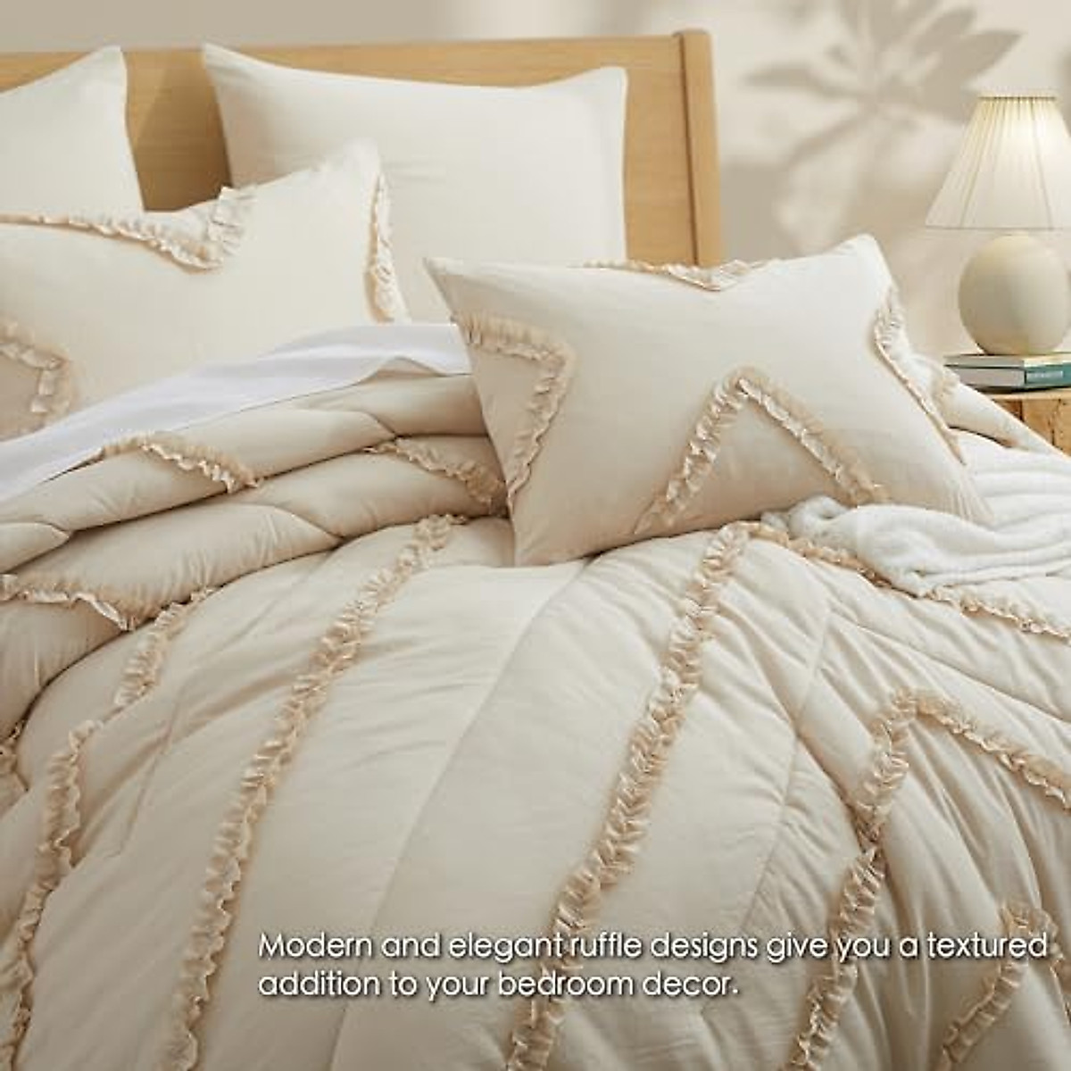 BEDAZZLED Twin Comforter Set - Beige Ruffle Comforter 3PCS Bed in a Bag, Textured Bed Comforter Chic Fluffy Bedding Set (1 Ruffle Pillowcase and 1 Solid Color Pillowcase)