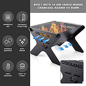 Odoland Camping Campfire Grill, Portable Folding Charcoal Grills, Backpacking BBQ Grill, Heavy Duty Firepit Grill with Carry Bag for Outdoor Cooking, Bonfire, Patio, Backyard