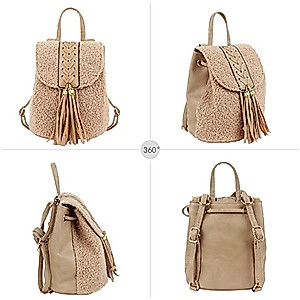 Hoce Women Girls Mini Lamb Wool Backpack PU Leather Drawstring Backpack Solid Color Casual Travel Mini Daypack with Tassel