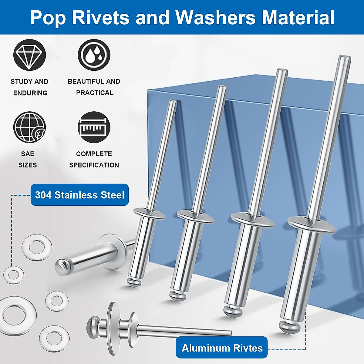 smseace 780Pcs Silver Pop Rivets with Washer Assortment Kit 14-Sizes SAE Aluminum Rivets(3/32 inch1/8 inch5/32 inch3/16 inch1/4 inch) Assorted Blind Rivets for Metal,Furniture,Automotive,Instrument