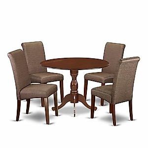 East West Furniture DMBA5-MAH-18 5 Piece Dining Room Furniture Set Includes a Round Dining Table with Dropleaf and 4 Brown Linen Linen Fabric Upholstered Chairs, 42x42 Inch, Mahogany