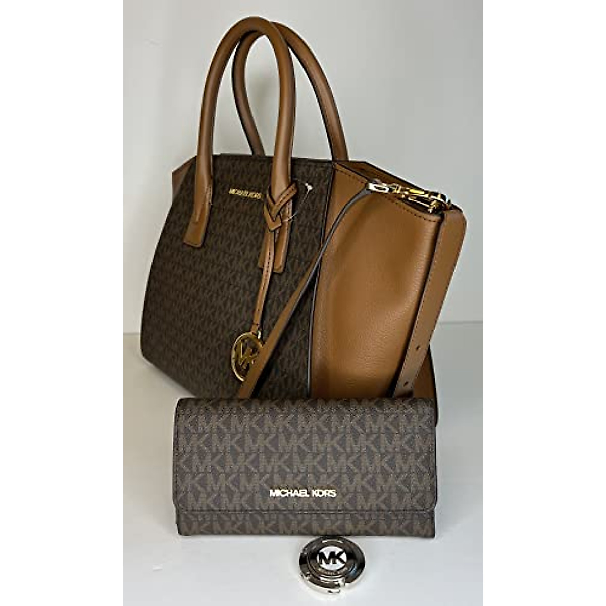 Michael Kors MICHAEL Michael Kors Avril Large Top-Zip Satchel bundled with Trifold Wallet Purse Hook (Signature MK Brown)