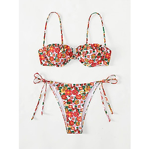 WDIRARA Women's Floral Print Underwired Tie Side 2 Piece Bikini Set Cute Swimsuit Red & Green Multi L