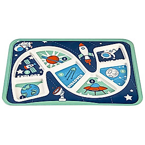 GSM Brands Kids Dinner Plate for Picky Eating Toddlers: Healthy Constructive Fun Meal Time, Divided Portions, Space Themed