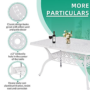 VIVIJASON 7-Piece Patio Furniture Dining Set, All-Weather Cast Aluminum Outdoor Conversation Set, Include 6 Chairs and a Rectangle Table with Umbrella Hole for Balcony Lawn Garden Backyard, White