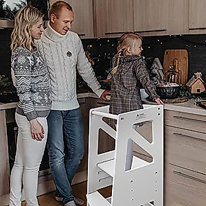 Toddler Kitchen Stool Helper - Toddler Tower with Message Boards & Safty Rail, Adjustable Height Kids Kitchen Step Stool, Chalkboard and Whiteboard, Anti-Slip Protection,Wooden Toddler counter (White)