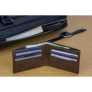 DiLoro Men's Slim Minimalist Bifold Genuine Full Grain Real Buffalo Leather with RFID Double Money Long Pocket and 8 cards (Dark Hunter Brown)