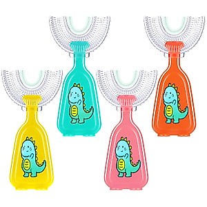 CHENGU 4 Pieces Kids U Shaped Toothbrush Manual Training Tooth Brush Whitening Massage Toothbrush Whole Mouth Toothbrush for Kids 2-12 Years (Yellow, Green, Orange, Pink, Dinosaur Style)
