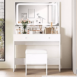 IRONCK Vanity Desk Set with LED Lighted Mirror & Power Outlet, Makeup Vanity Table with 4 Drawers,Storage Stool,for Bedroom, Bathroom, White