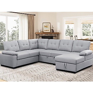 Sleeper Sofa Pull Out Couch with Storage, Modular Sectional Sofa Bed with Chaise Lounge, Modern Comfy 6 Seater U Shape Couch Bed for Living Room, Apartment, Home Office(Grey)