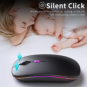 Atrasee Dual Mode LED Wireless Bluetooth Mouse for Laptop, Slim Rechargeable RGB Computer Mice (USB 2.4G + Bluetooth 5.1), Ergonomic PC Gaming Mouse w/ 3 Adjustable DPI, for Laptop MacBook Pro, Black