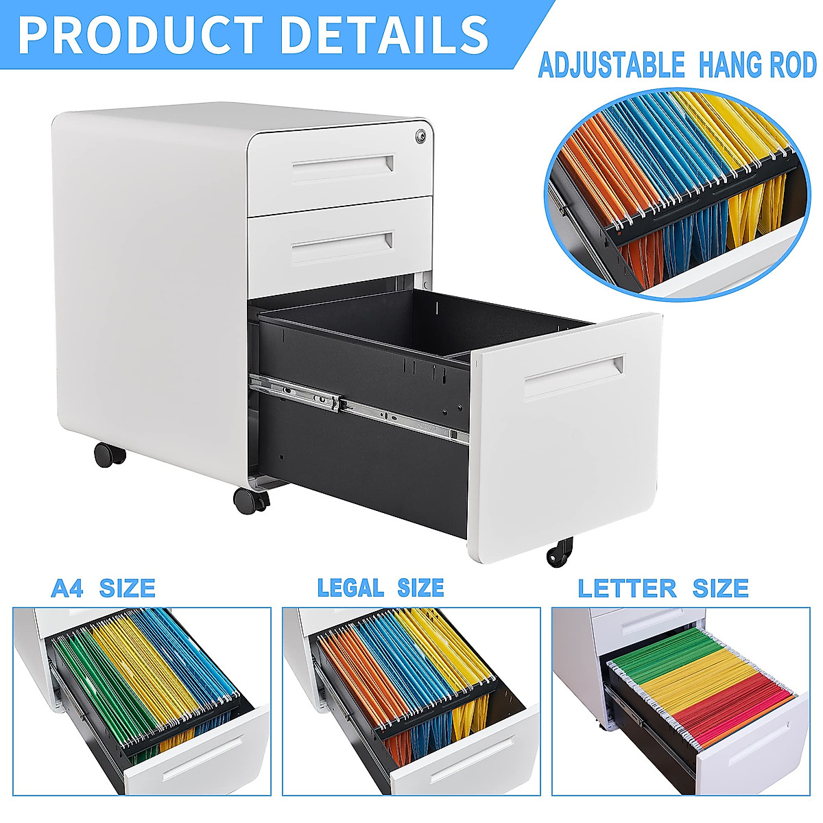 Letaya File Cabinet, 3 Drawer Filing Cabinets for Home Office with Lock Mobile Under Desk Fully Assembled Cabinet (White)