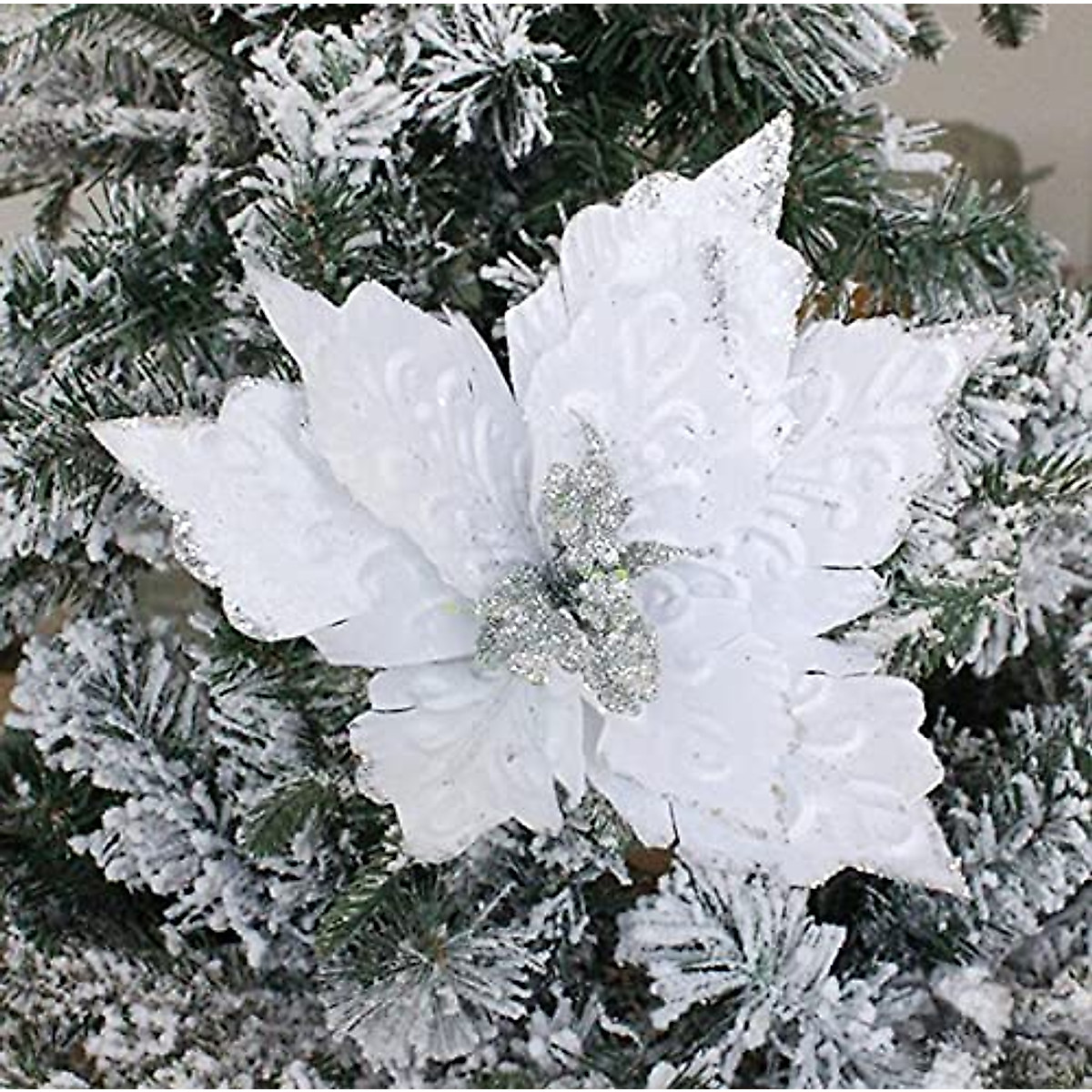 Sucpur 6Pcs Christmas Red Poinsettia Flower, 11 Inch Artificial Glitter Floral Heads Flower Plastic DIY Garden Velvet Decoration Wreath Home Artifical Flowers, White, 210608QY01-5-6-10049-2006202041