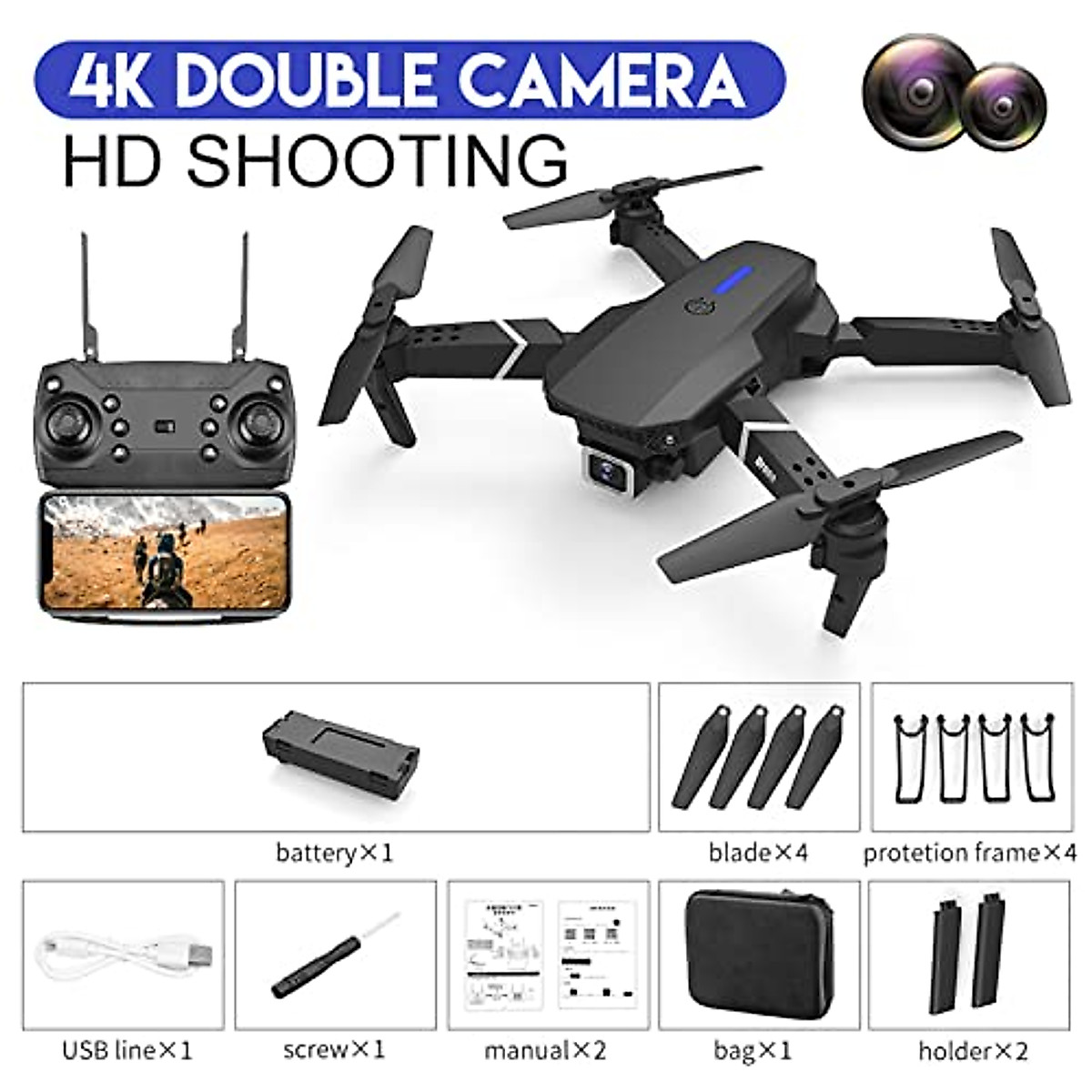 Foldable Drone for Adults/Teenager, Aerial Photography with 4K/1080P Profesional HD Camera, Intelligent Aircraft with Headless Mode, WiFi FPV Live Video, One-Key Return, APP Control (Dual Camera 4K, Black)