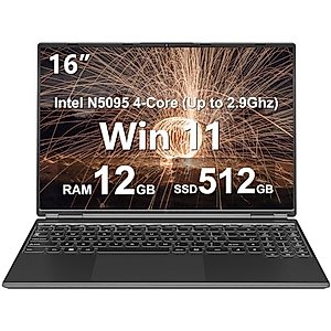 Ruzava 16" Laptop 12+512GB Celeron N5095 (Up to 2.9Ghz) 4-Core Win 11 PC with Cooling Fan 1920 * 1200 2K Screen Dual WiFi Support 2.5" HDD 1TB SSD Expand for Business Study-Black