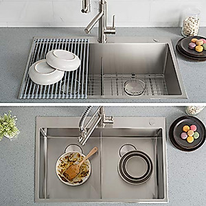 KRAUS Standart PRO 33-inch Drop In/Undermount 16 Gauge Double Bowl 2-Hole Stainless Steel Kitchen Sink, KHT302-33