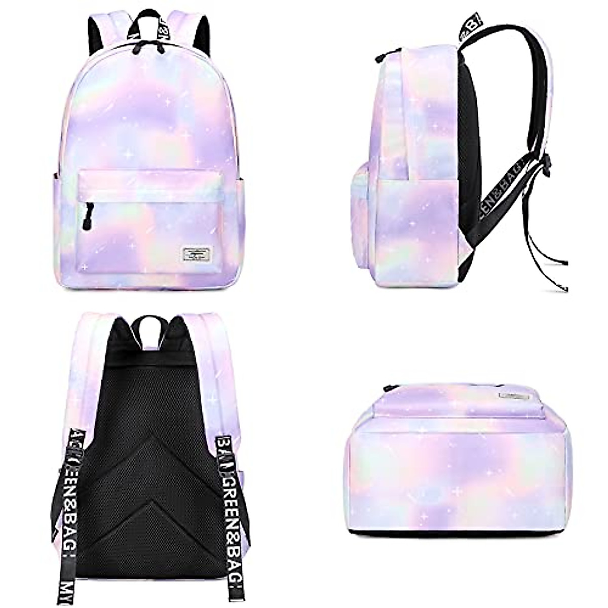 mygreen Tie Dye Girls Backpack, Kid Backpacks for Girls Cute Lightweight Bookbag with Lunch Bag Galaxy Green Purple