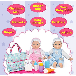 Gift Boutique Twin Baby Dolls with Accessories, Soft Body Girl Doll & Baby Boy Doll with Diaper Bag Doll Care Kit with Feeding Bottles, Pacifiers, Diaper & Changing Accessories Set for Toddlers & Kids