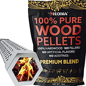 Kona Wood Smoker Tube & Smoking Pellets Set - Hot & Cold Smoke for Charcoal, Electric, Gas & All BBQ Grills - Stainless Steel 12 Inch Hexagon & 14 ounces of Premium Blend Hardwood