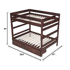 Full Over Full Bunk Bed with 2 Drawers, Solid Wood Bunk Bed Frame with Ladders & Storage Drawers, Bedroom Furniture Can Be Divided Into Two Individual Beds