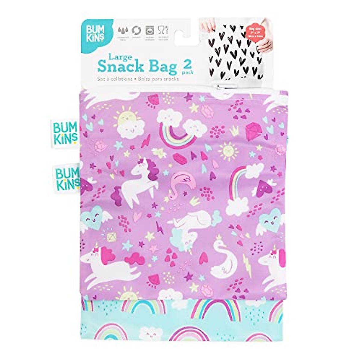 Bumkins Sandwich Bag / Snack Bag, Reusable Fabric, Washable, Food Safe, BPA Free, 7x7 - Rainbows & Unicorns (2-Pack)