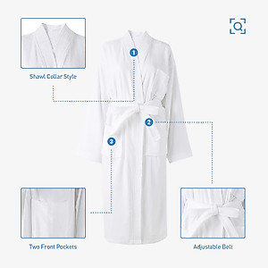 Acanva 100% Cotton Women Bathrobe Plush Soft Towel Robe with Waist Front Tie and Side Pockets for Spa Shower & Hotel, White